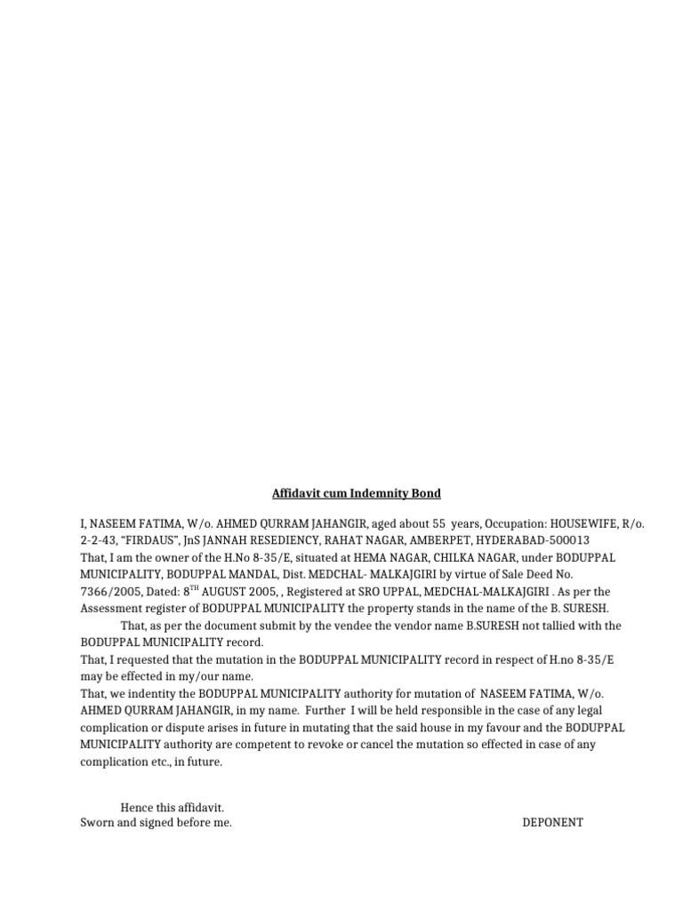 GHMC Affidavit Cum Indemnity Bond - Blank Names | PDF