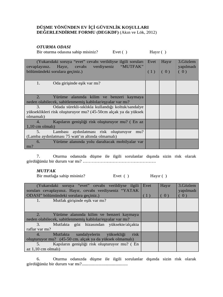 Dusme Yonunden Ev Ici Guvenlik Kosullari Degerlendirme Formu Degkdf ...