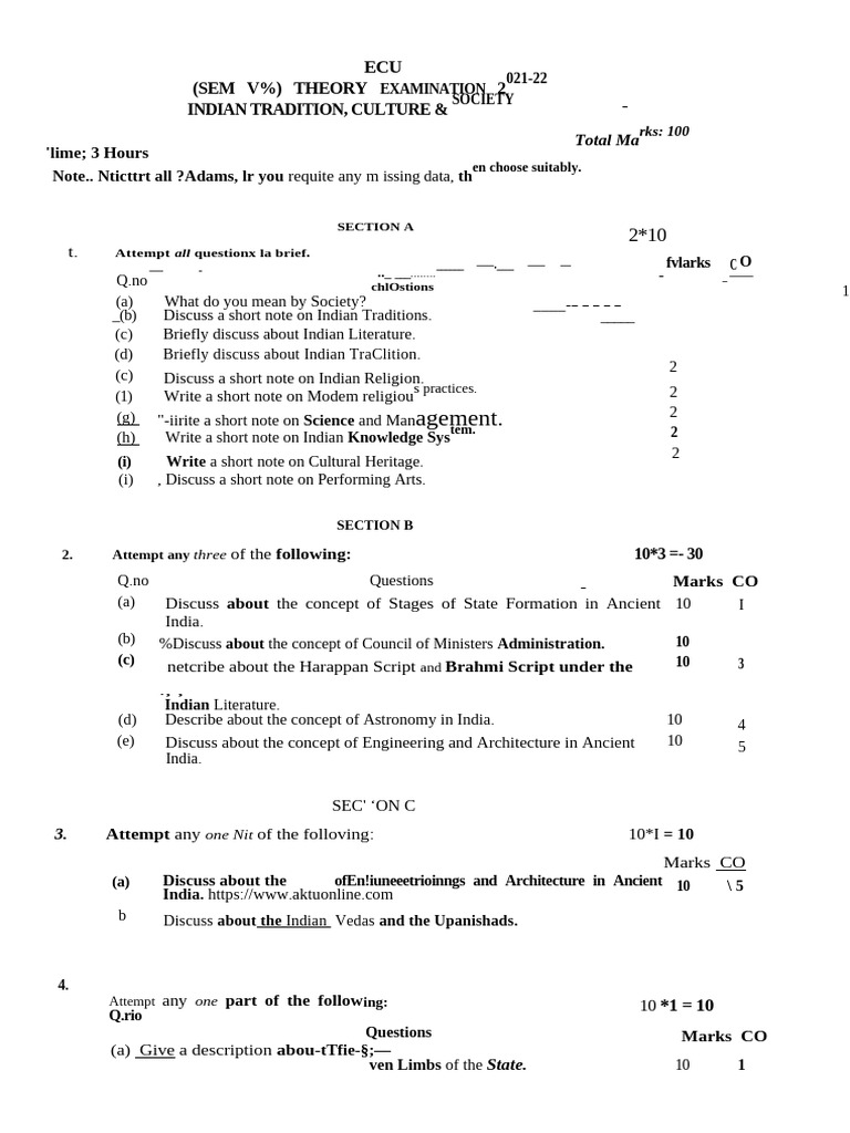 Btech NC 6 Sem Indian Tradition Culture and Society Knc602 2022 | PDF