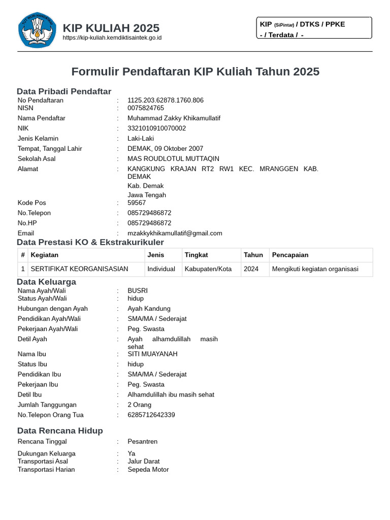 1125203628781760806-Formulir Dan Kartu M. Zakky Peserta-KIP-Kuliah-2025 ...