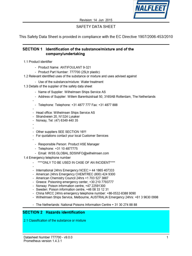 Antifoulant 9-321 Safety Data Sheet | PDF | Dangerous Goods | Toxicity