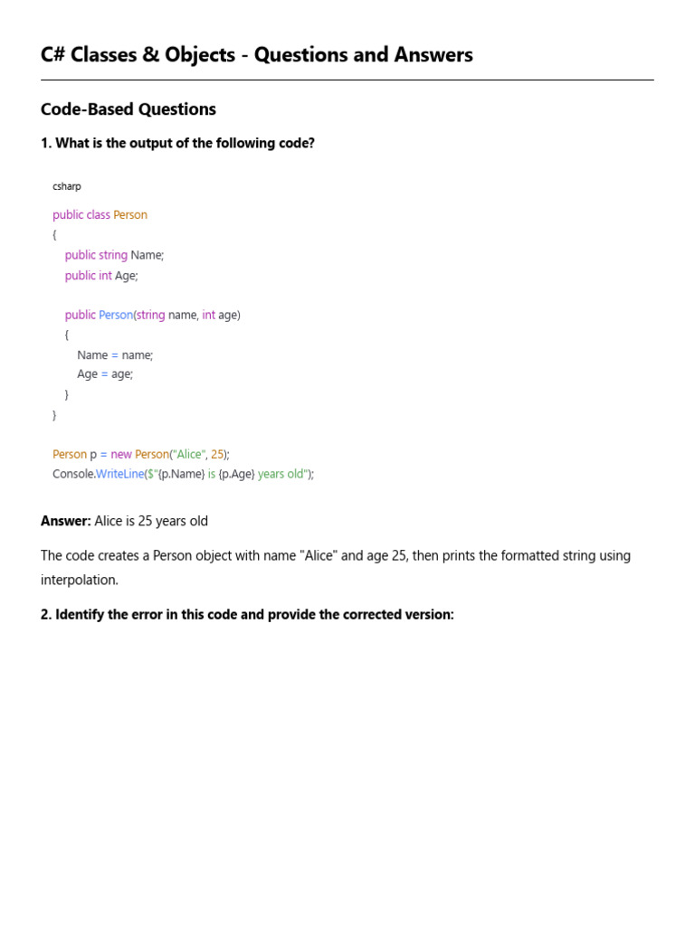 CSharp Classes Objects - Questions and Answers | PDF | Computer Programming | Software Engineering