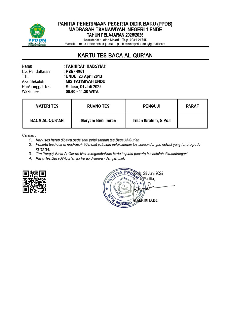 Kartu Tes Baca Al-Qur'an 2025/2026 | PDF