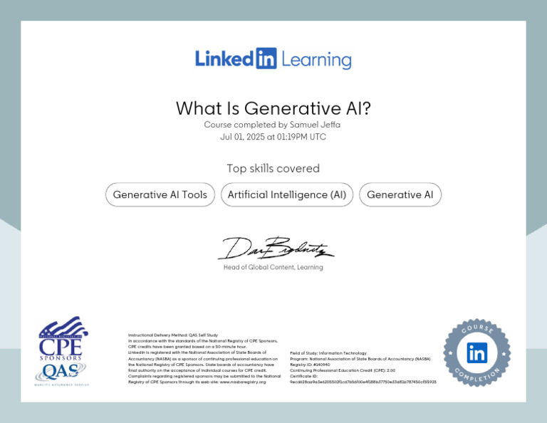 CertificateOfCompletion - What Is Generative AI | PDF
