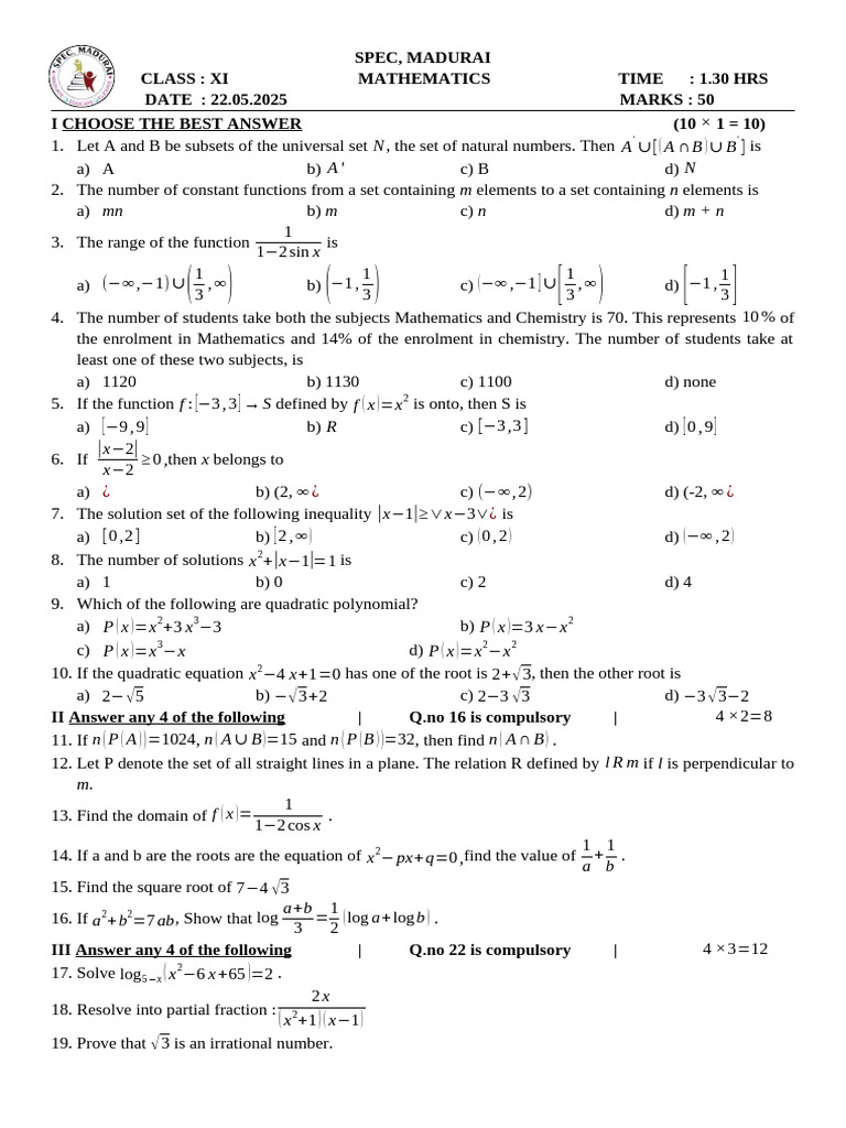 Class XI Mathematics Exam Paper 2025 | PDF | Square Root | Zero Of A ...