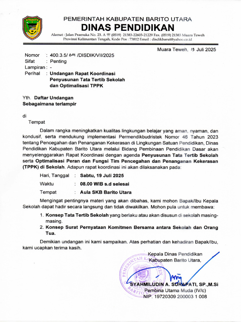 Surat Undangan Rakor Tata Tertib Sekolah 2025 | PDF