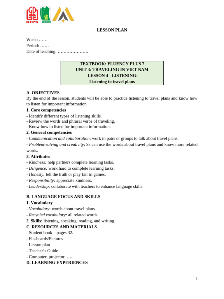 Listening Lesson Plan: Travel in Vietnam | PDF | Verb | Lesson Plan