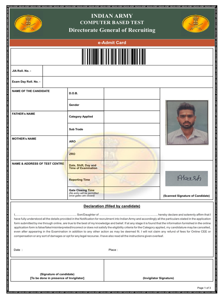 Indian Army E-Admit Card Instructions | PDF | Identity Document