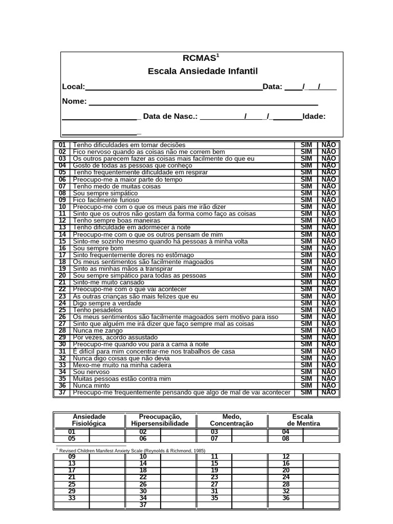 Escala de Ansiedade Infantil RCMAS-2 | PDF