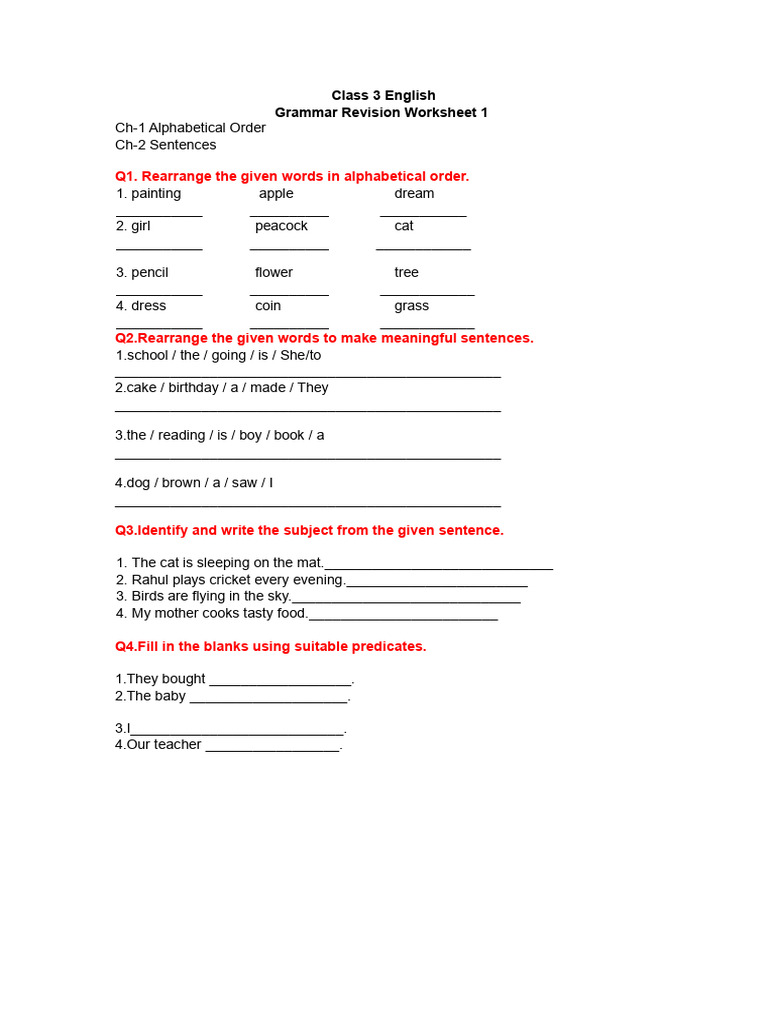 Class 3 Eng Grammar Revision - Worksheet - 1 | PDF