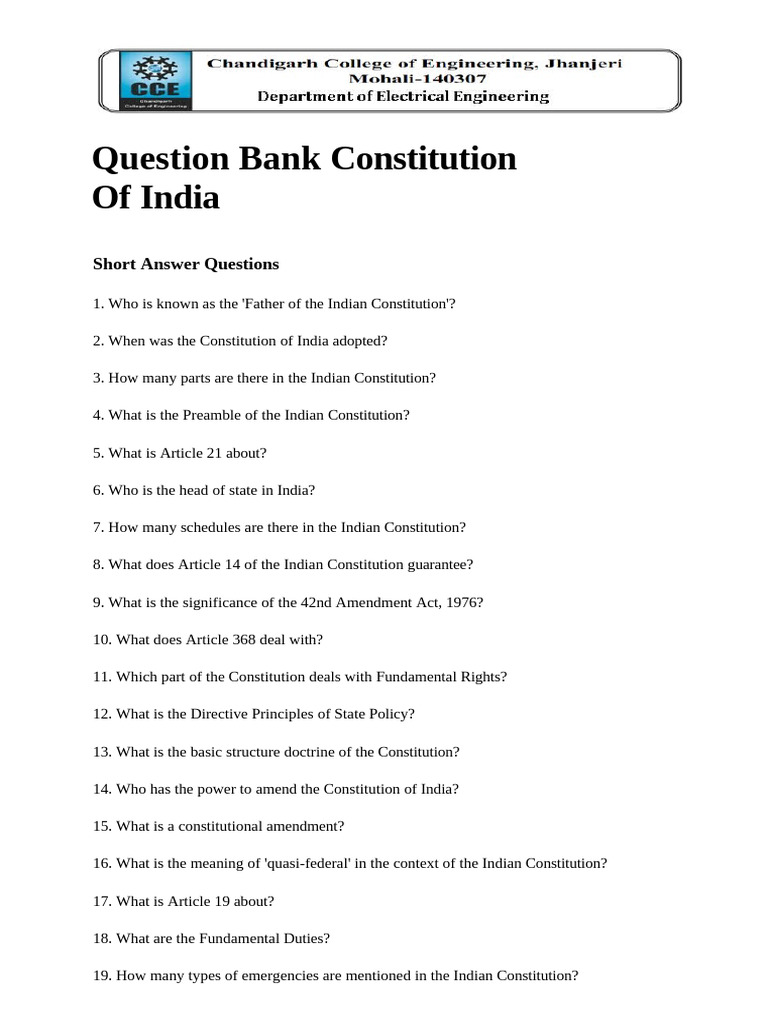 Indian Constitution Question Bank | PDF | Constitution | Civil Law ...