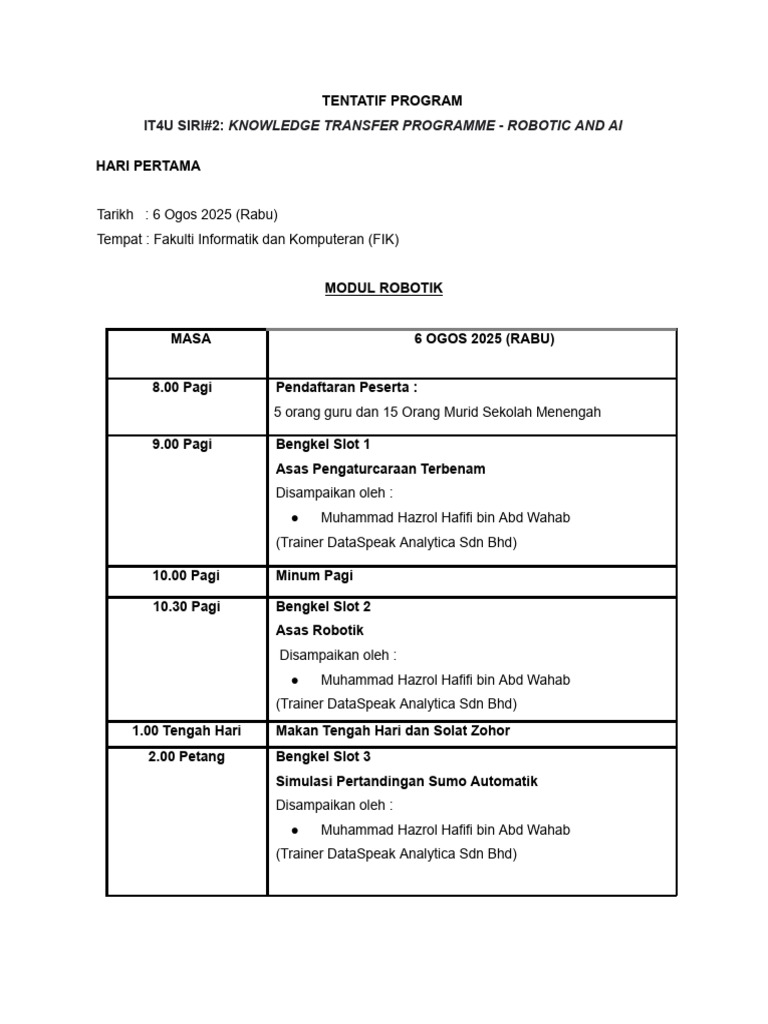 Tentatif Program It4u Siri#2 - Knowledge Transfer Programme - Robotic and Ai | PDF