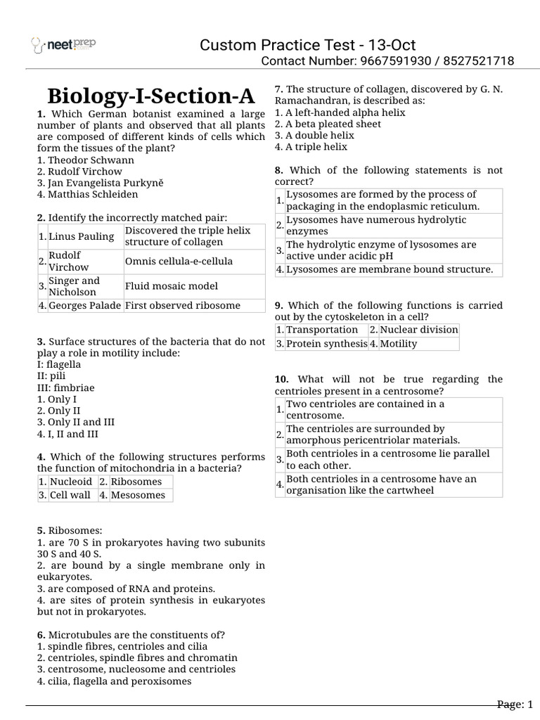 Custom Practice Test - 13-Oct | PDF | Cell (Biology) | Endoplasmic ...