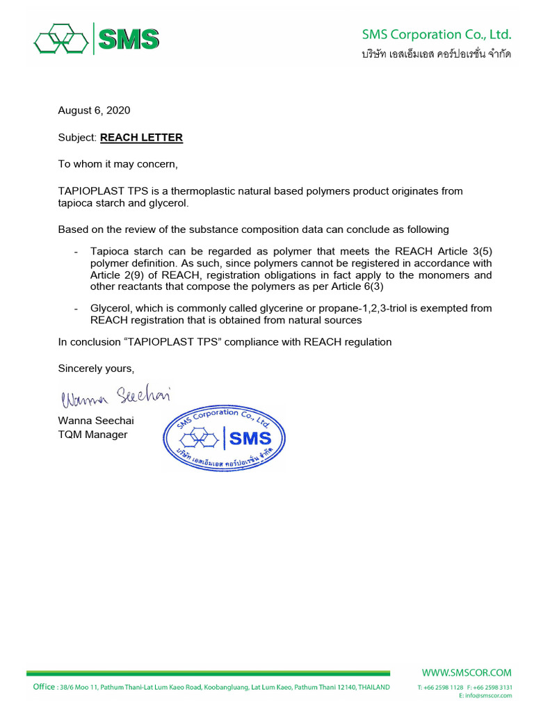 Reach Compliance Declaration-Tapioplast Tps | PDF