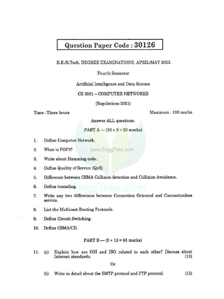 CS3591 Computer Networks Apr May 2023 Question Paper Download | PDF