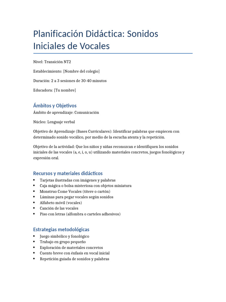 Planificacion Sonidos Iniciales Vocales | PDF | Comunicación | Vocal