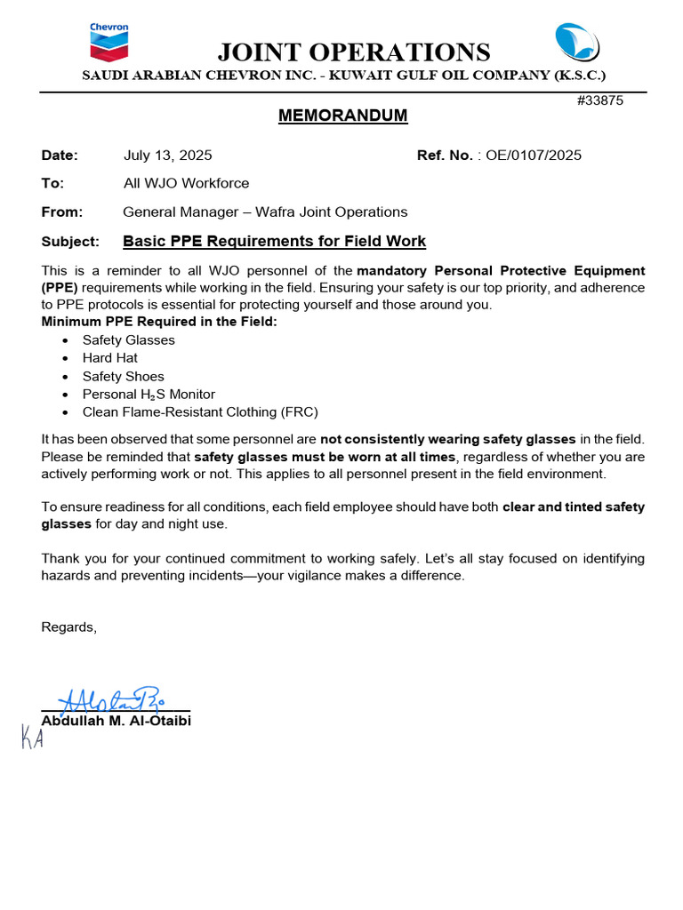 July 13th 2025 Memo - Basic PPE Requirements For Field Work | PDF