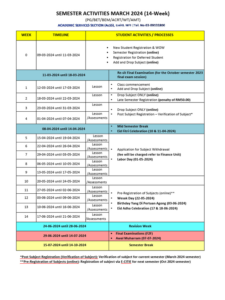 Semester Activities March 2024 - 14w | PDF | Educational Stages | Schools