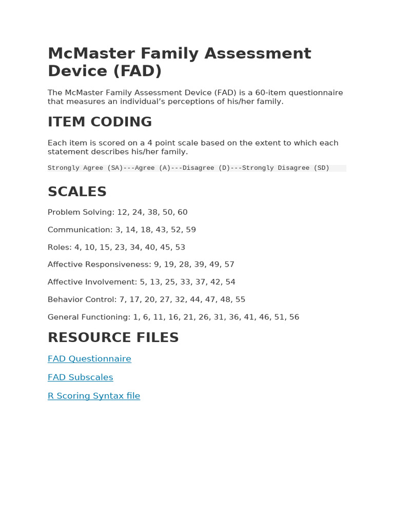 McMaster Family Assessment Device Overview | PDF