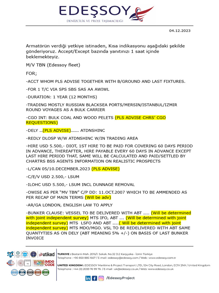 M/V TBN Charter Agreement Details | PDF | Payments | Cargo