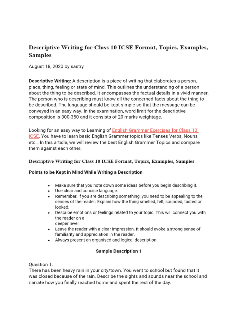 ICSE English Language - Descriptive Writing | PDF | English Grammar ...