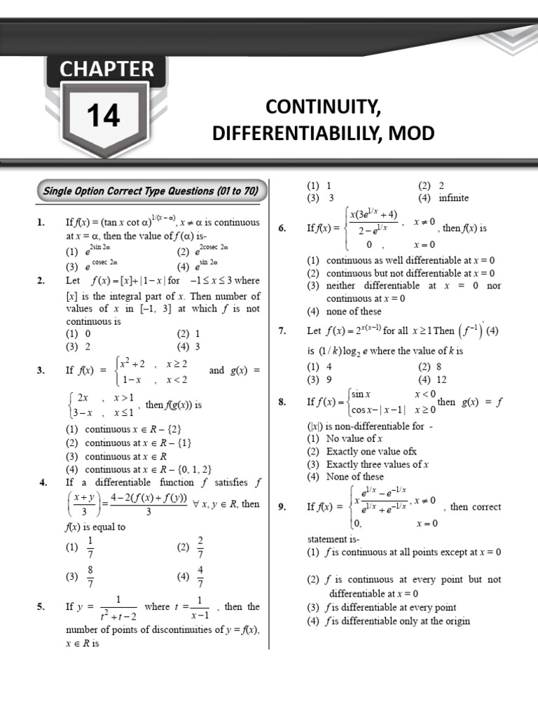 Ch-14 - Continuity, Differentiability, MOD - Arjuna JEE AIR 2.0 2026 | PDF | Continuous Function ...