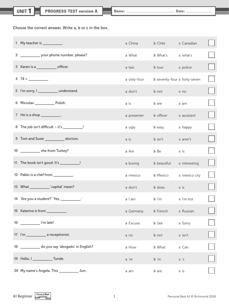 Pb Bre A1 Unit Test U1 Version A Pdf