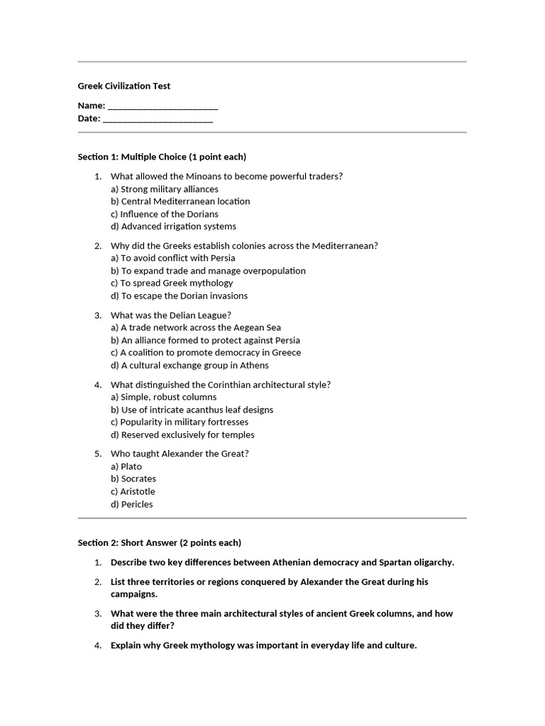 Greek Civilization Test | PDF