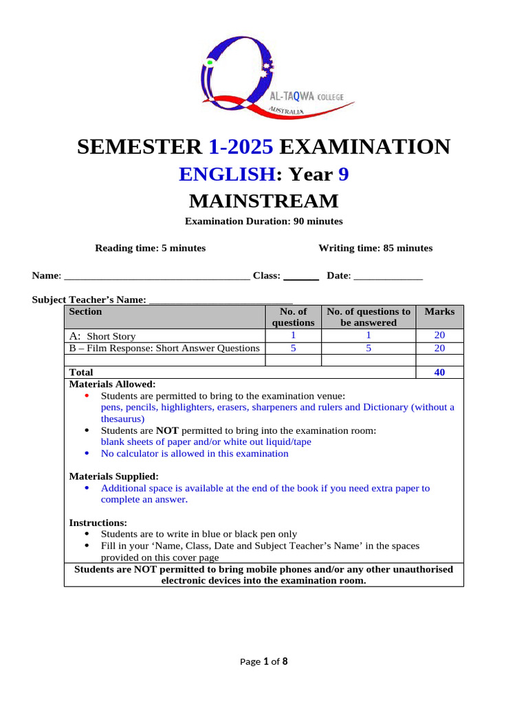 Year 9 English Exam: S1-2025 | PDF | Narrative | Creativity