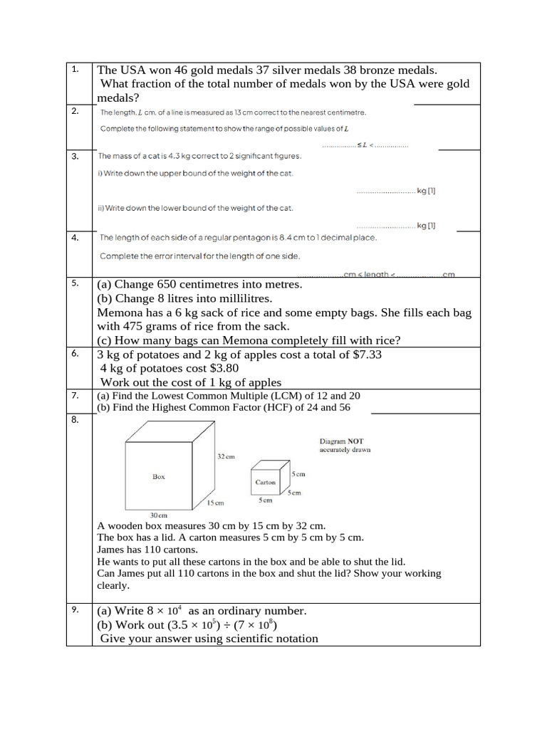 Y9 Mid Year Exam Revision (Problem Solving Questions) | PDF | Litre