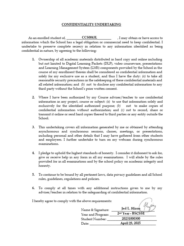 Confidentiality-Undertaking-Template CCS0043L | PDF | Confidentiality | Justice