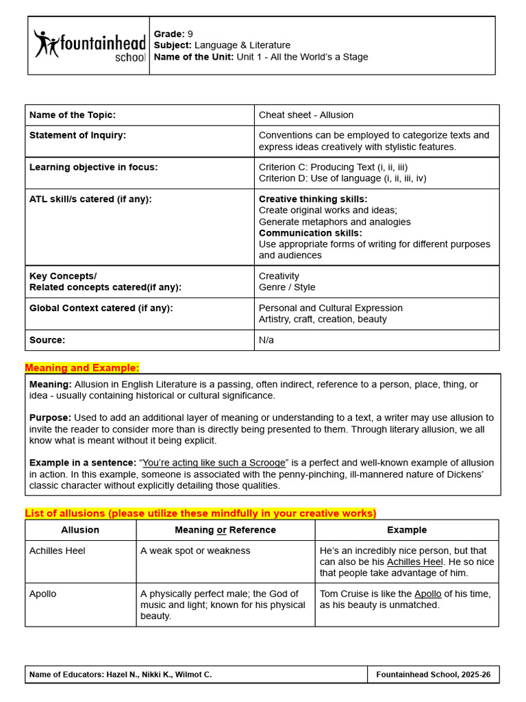 Allusion - Reference Sheet | PDF