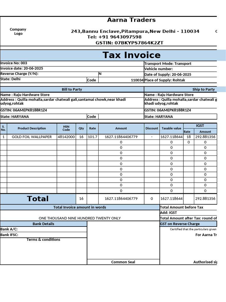 Tax Invoice 003 - Inter State | PDF | Sales | Taxation