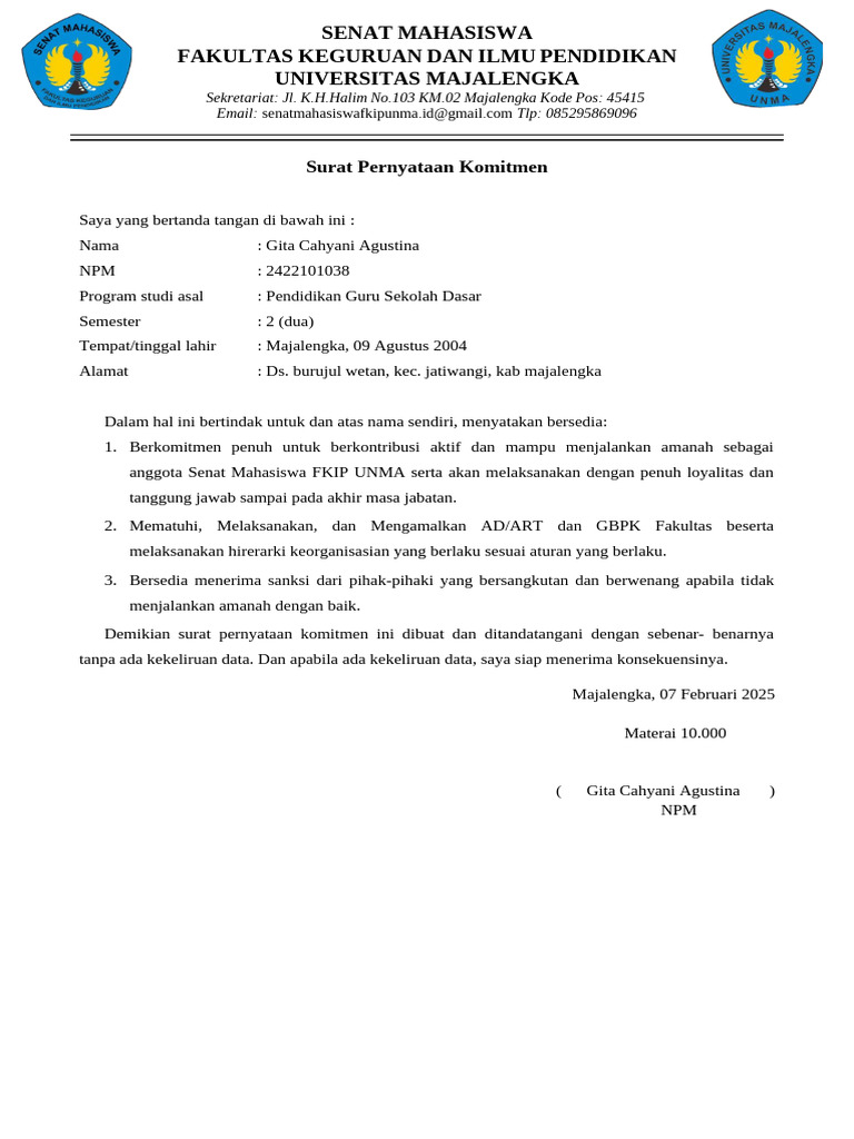 Commitment - Letter - SEMA FKIP | PDF