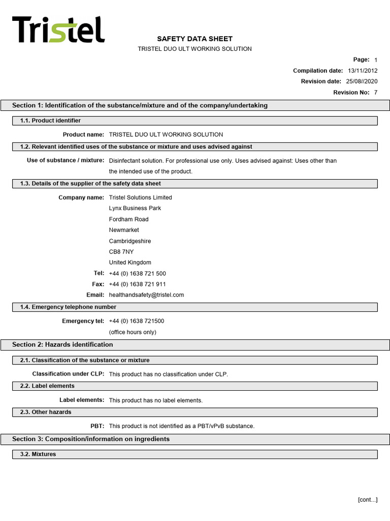 Tristel Duo ULT Working Solution SDS | PDF | Toxicity | Toxicology