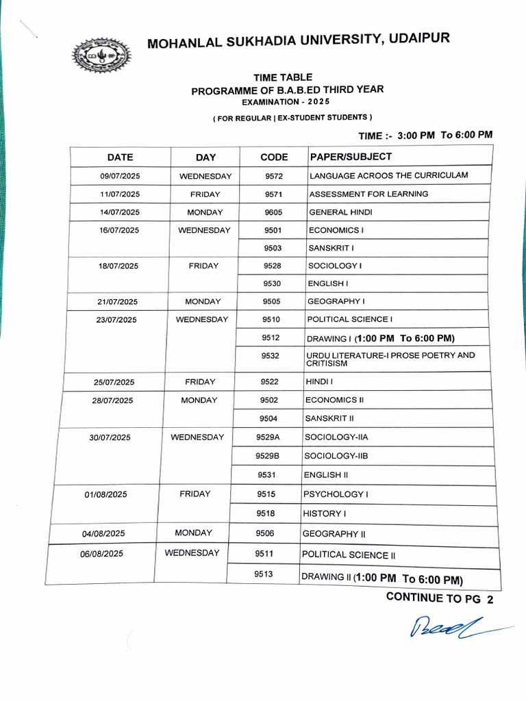 Time Table of B.a.b.ed Third Year Examination 2025 (Regular and Ex ...