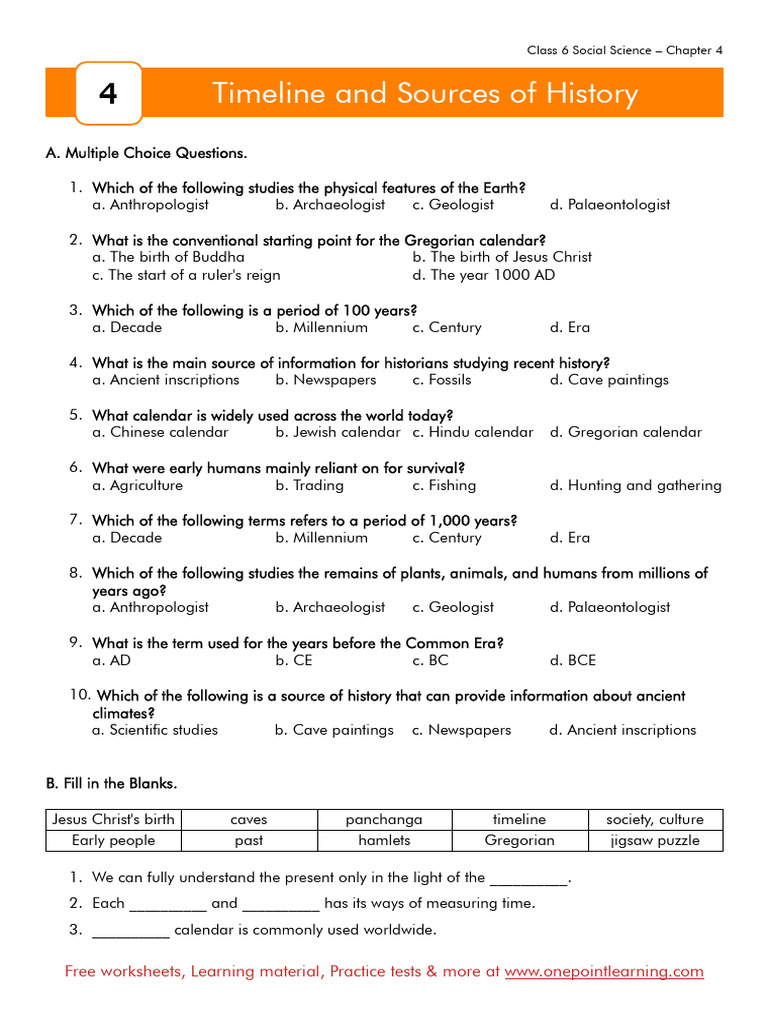 Class 6 Ss Ch 4 Timeline And Sources Of History Ws Odt Pdf Common