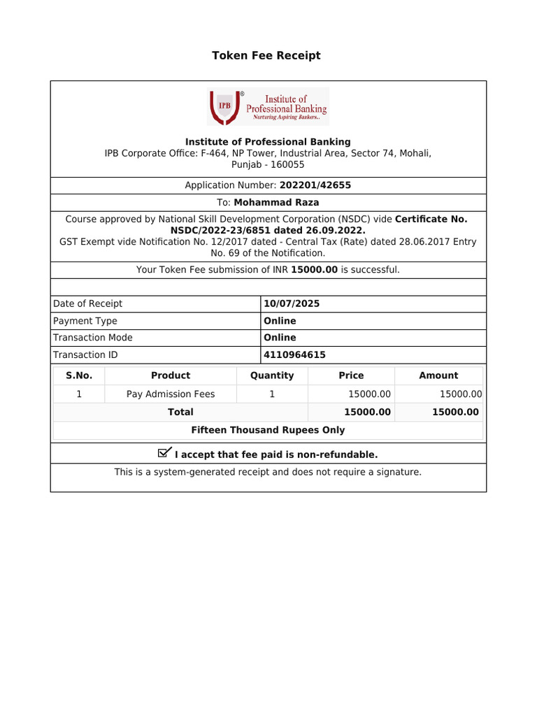 Token Fee Receipt for Banking Course | PDF