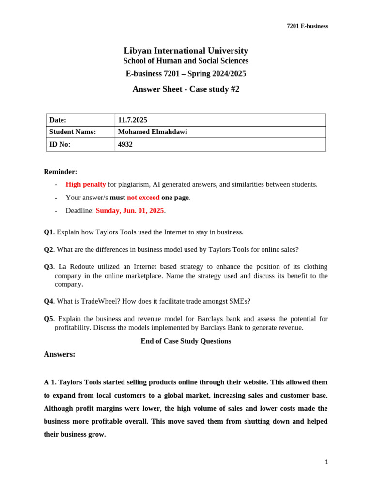 Answer Sheet Case Study 2 | PDF | Electronic Business | E Commerce