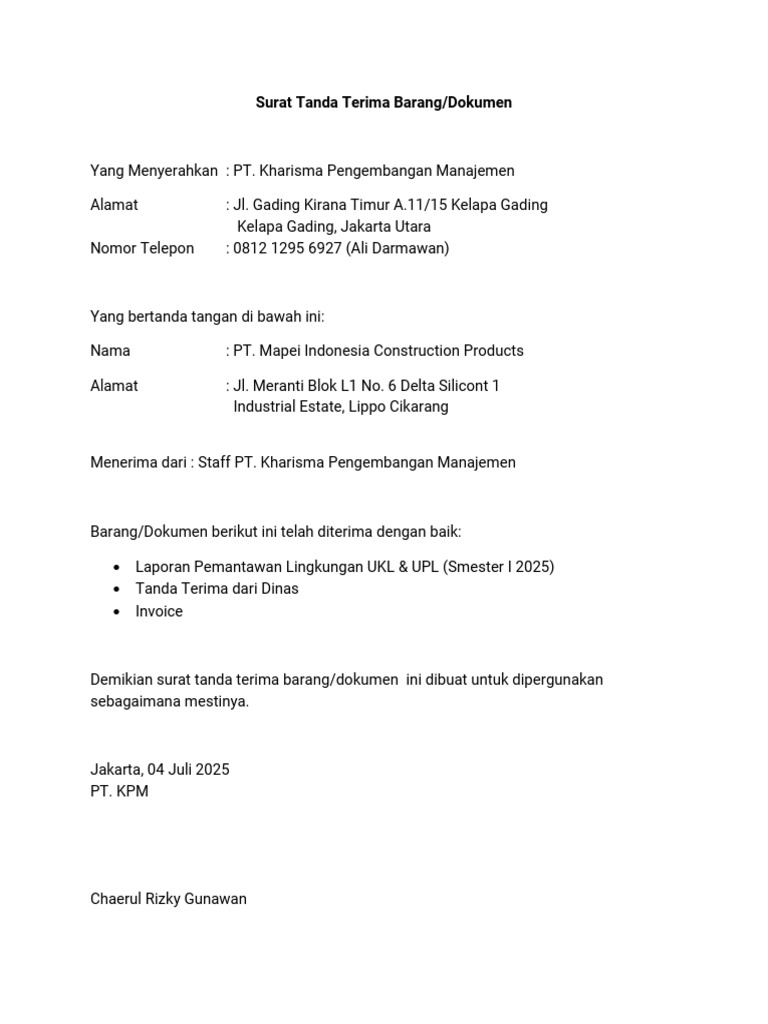 Contoh Surat Tanda Terima Barang | PDF