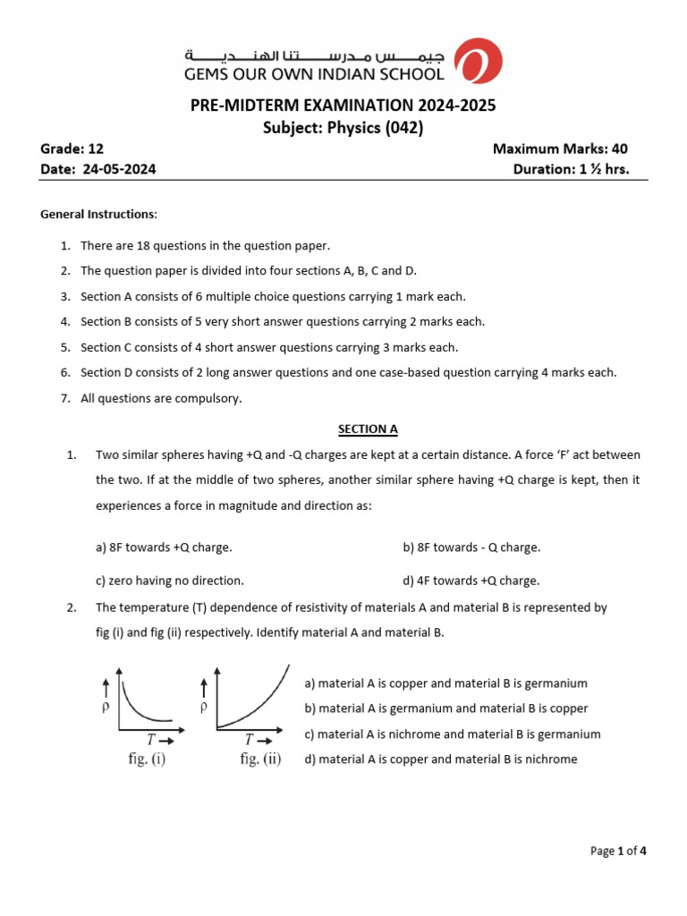Grade 12 Physics Pre-Midterm Exam 2024 | PDF | Capacitor | Capacitance