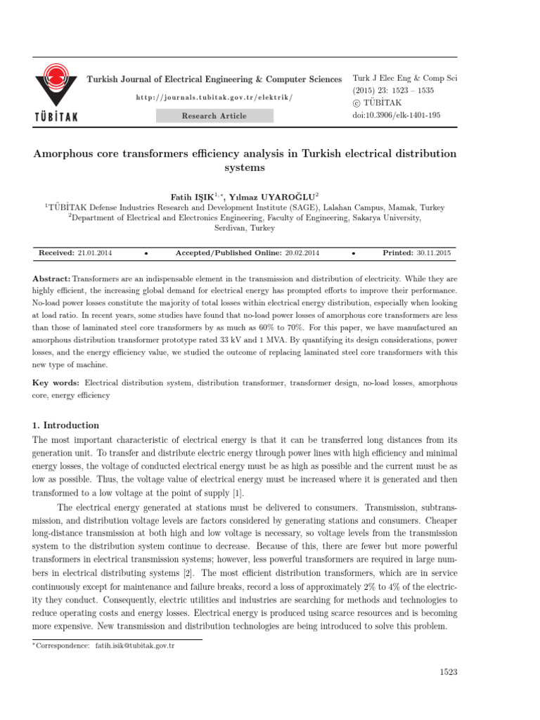 Amorphous Core Transformers Efficiency Analysis in Turkish Electrical Distribution Systems ...