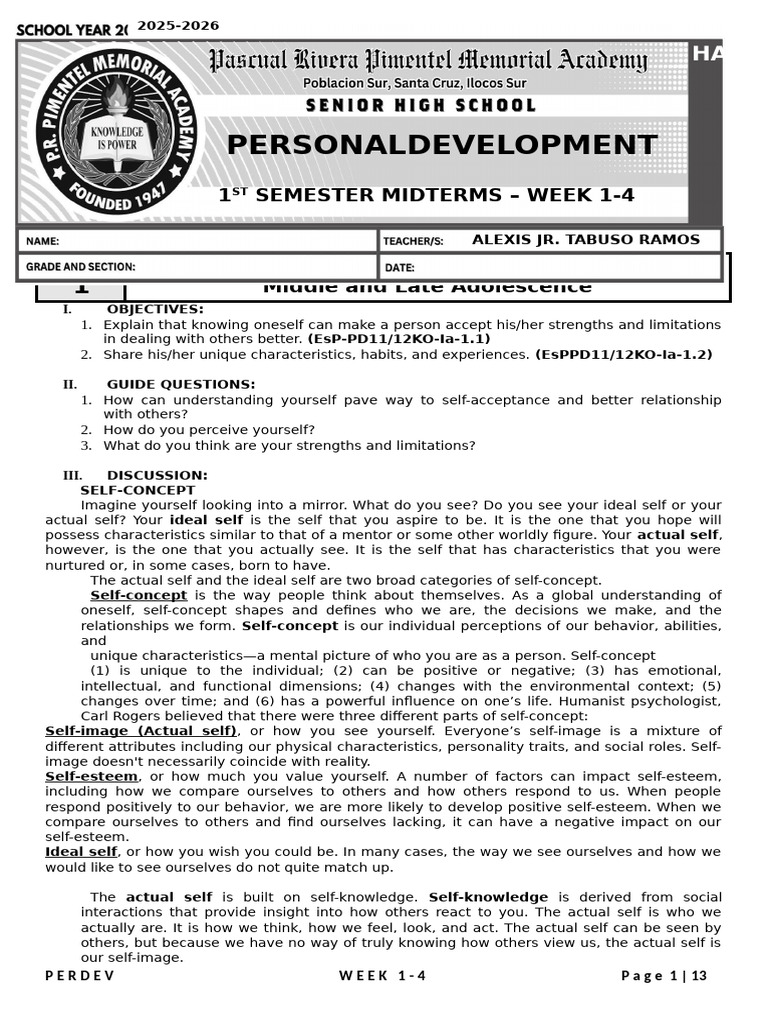 Perdev Module q1 WK 1 4 | PDF | Adolescence | Stress (Biology)