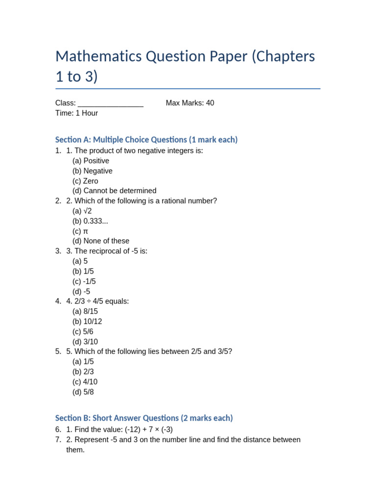 Selina Maths Ch1 2-3-40 Marks | PDF