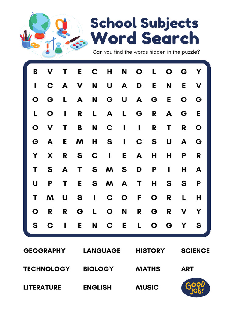 Blue School Subjects Word Search Worksheet | PDF