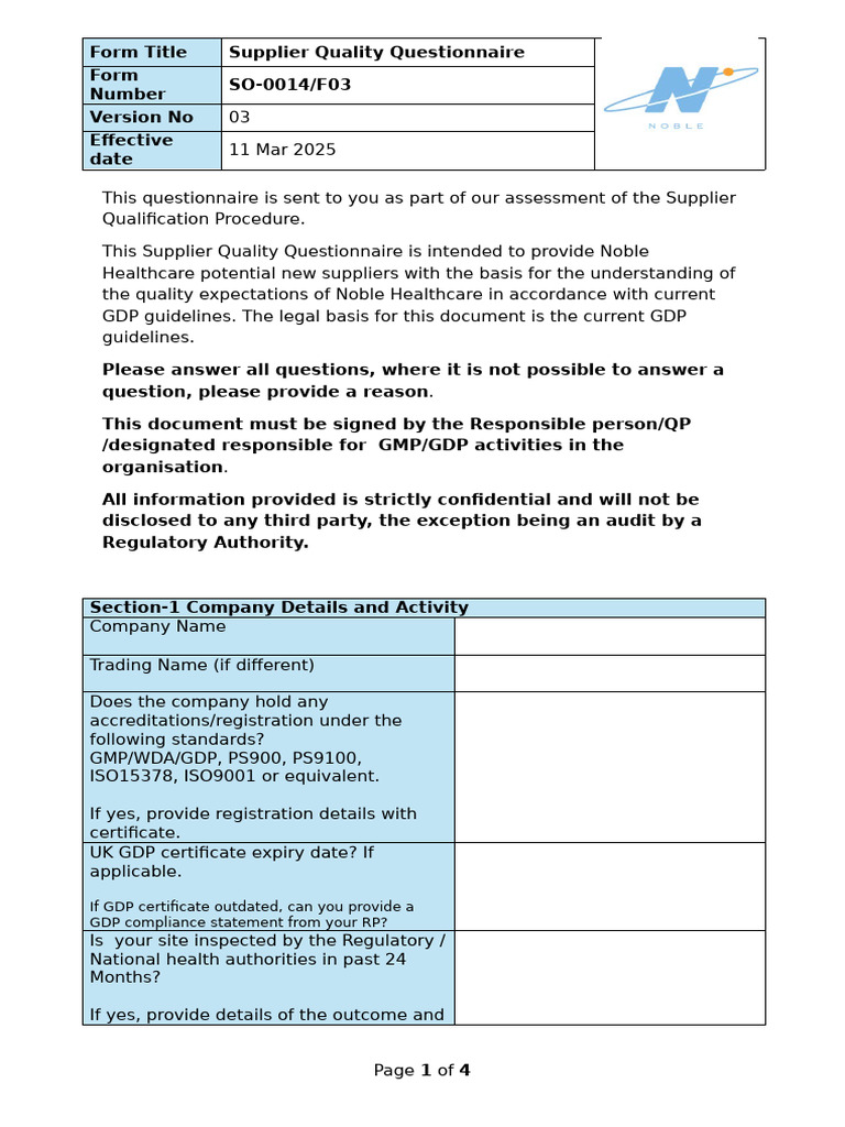 SO-0014 F03 Supplier Quality Questionnaire V03 | PDF | Quality ...