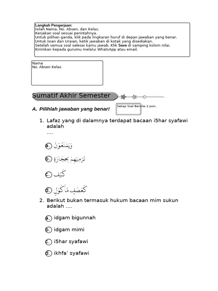 MI Fajar Kelas 5 Sumatif Akhir Semester Al-Qur'an Hadis | PDF