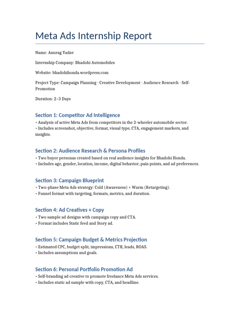 Anurag Yadav's Meta Ads Internship Insights | PDF