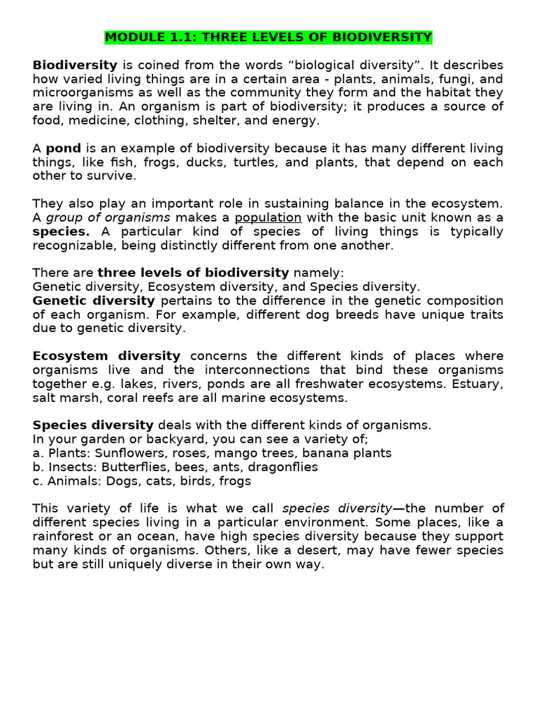 Module 1.1 - Three Levels of Biodiversity | PDF | Biodiversity | Organisms