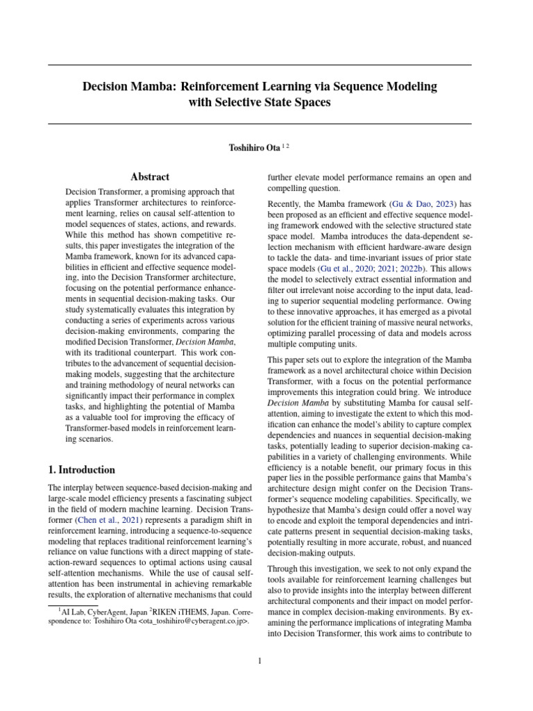 Decision Mamba Reinforcement Learning Via Sequence Modeling | PDF | Decision Making | Applied ...